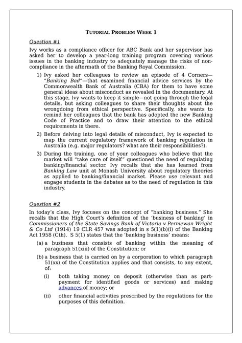 Tutorial Problem Week 1 Tutorial Problem Week 1 Question Ivy Works
