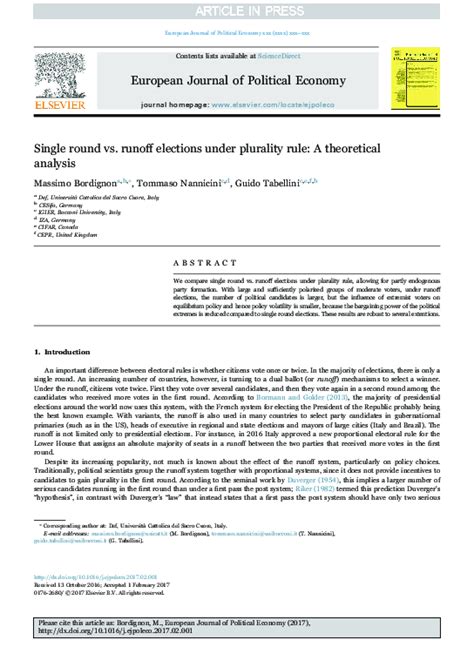 Pdf Single Round Vs Runoff Elections Under Plurality Rule A Theoretical Analysis