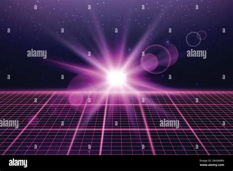 Wireframe Perspective Grid With Lens Flare Space Neon Infinity Mesh