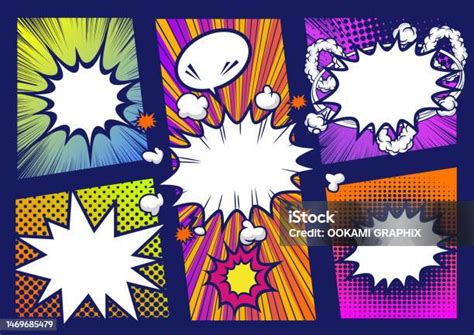 레트로 팝 아트 만화책 잡지 연설 거품 풍선 상자 메시지 슈퍼 히어로 판매 배너 빈 연설 거품 세트 벡터 일러스트 하프 톤 책 디자인 3차원 형태에 대한 스톡 벡터 아트 및