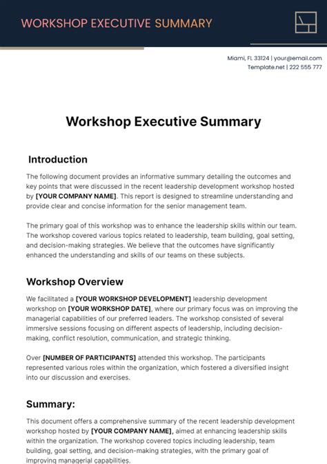 Free Workshop Executive Summary Template To Edit Online