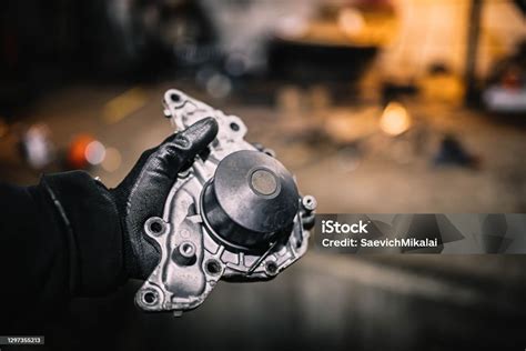 엔진 냉각 시스템의 자동차 물 펌프는 자동차 정비사의 손에 금속 임펠러와 펌프의 교체 강철에 대한 스톡 사진 및 기타 이미지 강철 금속 금속의 Istock