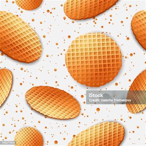 패턴 벽지 벨기에 라운드 와플 금색 오렌지 색상 점 흰색 배경에 고립 된 부스러기 벡터 일러스트 레이 션입니다 만화 음식 식사 아이콘 로고 귀여운에 대한 스톡 벡터 아트 및