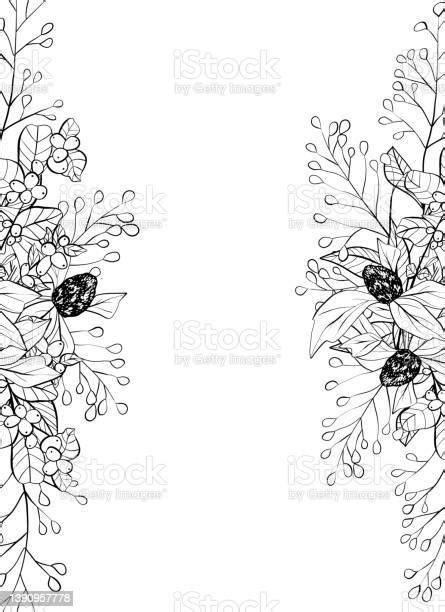 플로럴 프레임 인사말 카드 디자인 식물 원소로부터의 구성 라인 아트 스타일로 꽃과 잎 개체 그룹에 대한 스톡 벡터 아트 및 기타