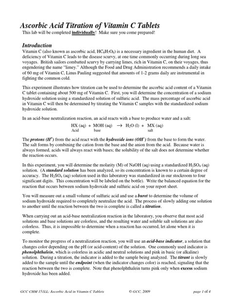 Ascorbic Acid Titration Background Spring 2010 Pdf Titration