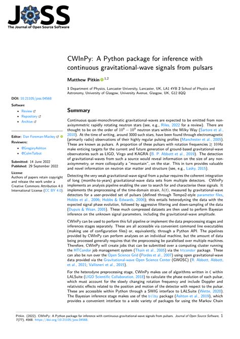 Pdf Cwinpy A Python Package For Inference With Continuous Gravitational Wave Signals From Pulsars