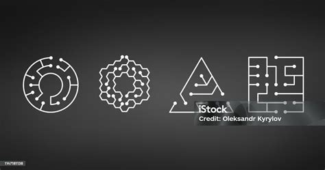 회로 보드 아이콘입니다 사각형 원 삼각형 육각형 그것의 미로의 추상적인 모양입니다 기술 기호입니다 컴퓨터 소프트웨어 개념입니다 전원 요소 평면 디자인입니다 벡터 일러스트입니