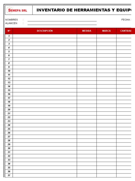 Formato De Inventario De Herramientas Y Equipos