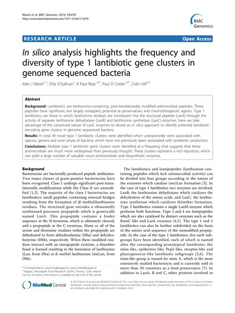 Pdf In Silico Analysis Highlights The Frequency And Diversity Of Type 1 Lantibiotic Gene