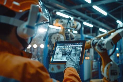 Premium Photo Engineer Controls Robot Arms In Smart Factory For Welding And Manufacturing