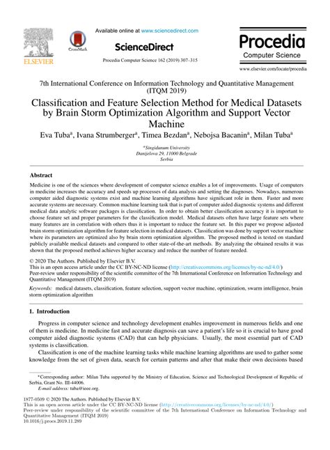Pdf Classification And Feature Selection Method For Medical Datasets By Brain Storm