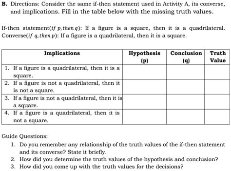 Solved B Directions Consider The Same If Then Statement Used In Activity A Its Converse And