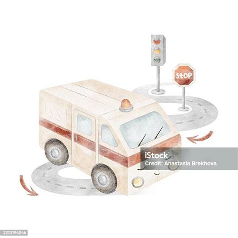 수채화 그림 구급차 자동차 도시 의료 수송 도로 표지판 신호등 디자인 어린이 카드 포스터 옷에 대 한 고립 된 배경에 만화 스타일로 그린 작곡 고속도로에 대한 스톡 벡터