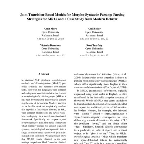 Joint Transition Based Models For Morpho Syntactic Parsing Parsing Strategies For Mrls And A