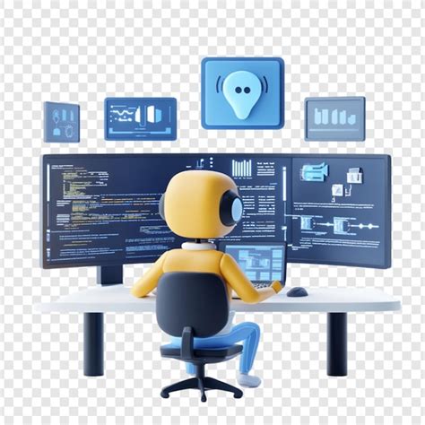 3d рендер программиста робота работающего на нескольких экранах с кодовыми данными и графиками