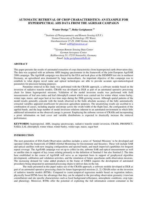 Pdf Automatic Retrieval Of Crop Characteristics An Example For Hyperspectral Ahs Data From