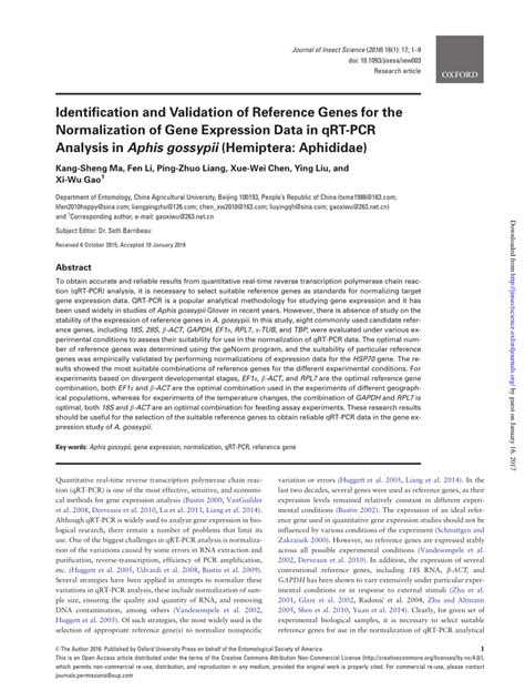 Pdf Identification And Validation Of Reference Genes For The Normalization Of Gene Expression