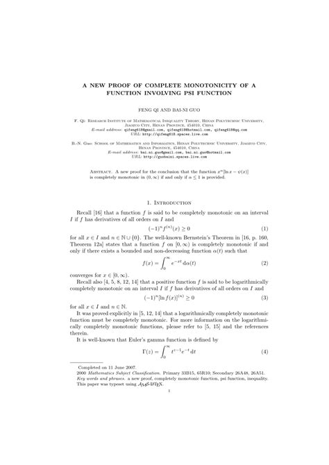 Pdf A New Proof Of Complete Monotonicity Of A Function Involving Psi