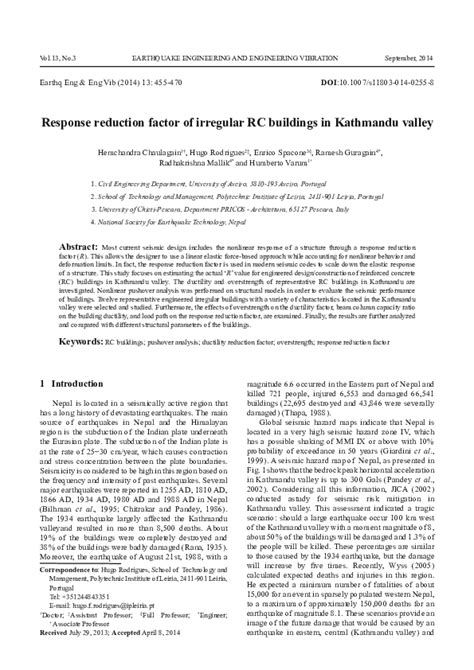 Pdf Response Reduction Factor Of Irregular Rc Buildings In Kathmandu Valley