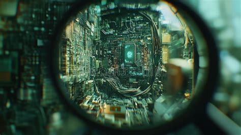 Magnifying Glass Exploring Complex Circuit Board With Cyber Security