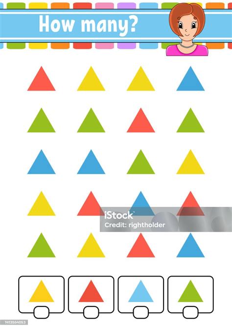 어린이를위한 계산 게임 행복한 캐릭터 수학 을 배우고 그림에 얼마나 많은 개체 교육 워크 시트 답변을 위한 공간이 있습니다 귀여운 만화 스타일의 고립 된 벡터 일러스트레이션