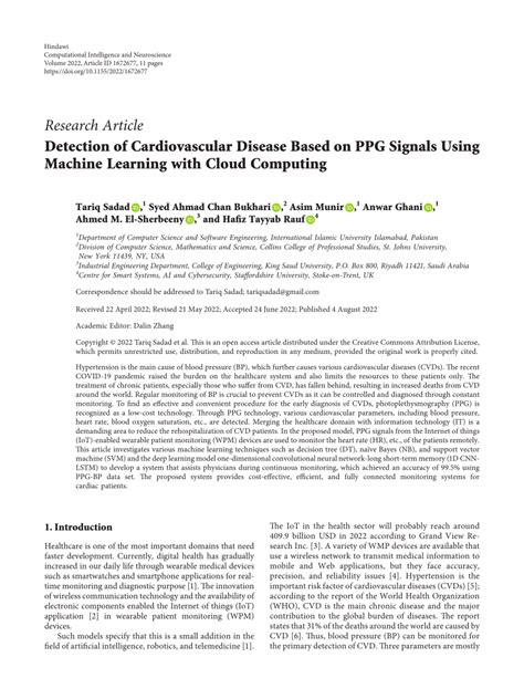 Pdf Detection Of Cardiovascular Disease Based On Ppg Signals Using Machine Learning With Cloud