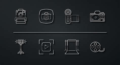 라인 사진 카메라 소프트박스의 스튜디오 전구 빈 사진 스튜디오 카메라 초점 프레임 라인 필름 릴 및 시네마 아이콘을 설정합니다 벡터 검은색에 대한 스톡 벡터 아트 및 기타