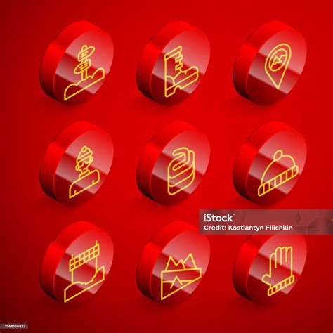 라인 도로 교통 표지판 방수 고무 장화 산이 있는 위치 겨울 운동 선수 컬링용 돌 모자 리본 결승선 및 산 하강 아이콘 설정 벡터 0명에 대한 스톡 벡터 아트 및 기타