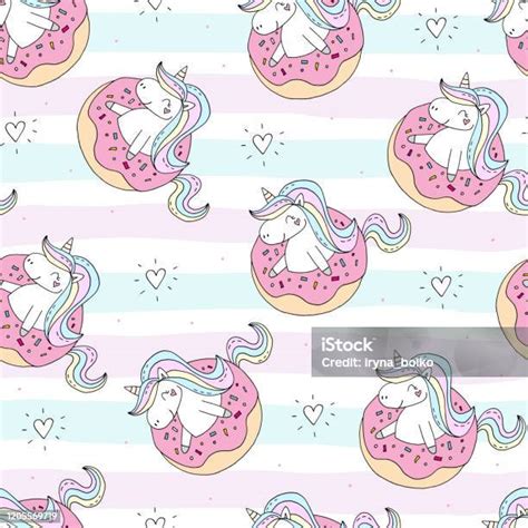 유니콘과 도넛이 있는 매끄러운 패턴 포장지 또는 직물 메뉴 소책자 배너 웹 사이트에 대한 텍스처 벡터 그림입니다 귀여운 여름 프린트 귀여운에 대한 스톡 벡터 아트 및 기타