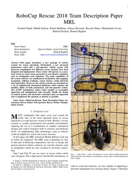 Pdf Robocup Rescue 2018 Team Description Paper Mrl