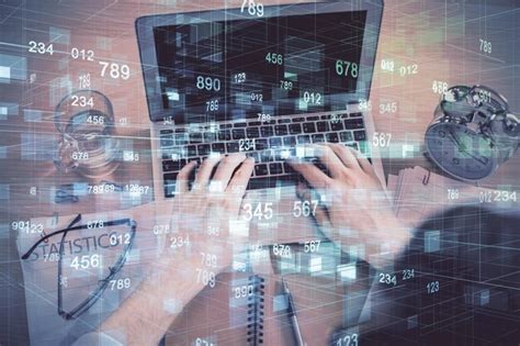 Premium Photo Double Exposure Of Man S Hands Typing Over Computer Keyboard And Data Theme