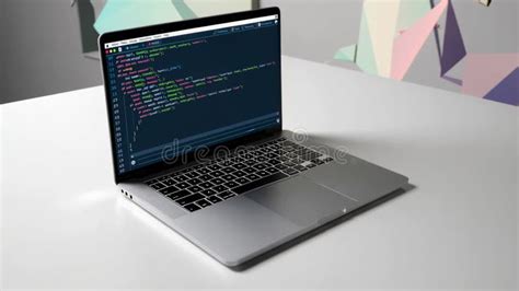 Laptop Showing Running Code On White Table In Modern Office Stock Footage Video Of Creativity