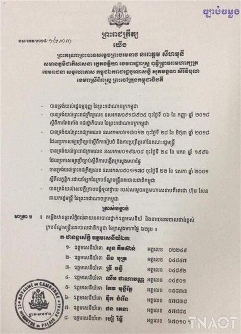 ព្រះមហាក្សត្រ ត្រាស់បង្គាប់តម្លើងឋានន្តរស័ក្តិ នាយនគរបាល ៦៦រូប