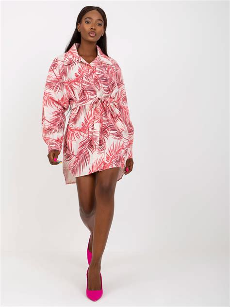 Дамска ленена розова рокля тип риза с тропически принт Marketdirbg