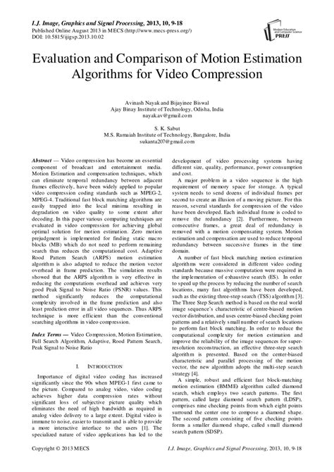 Pdf Evaluation And Comparison Of Motion Estimation Algorithms For Video Compression