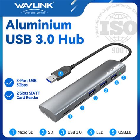 Promo Aluminium USB Port Hub Wavlink Komputer Slot SD TF Card