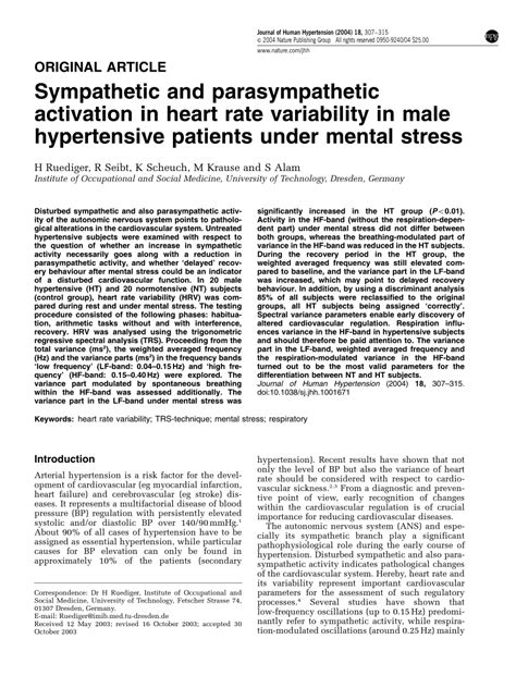 Pdf Sympathetic And Parasympathetic Activation In Heart Rate Variability In Male Hypertensive