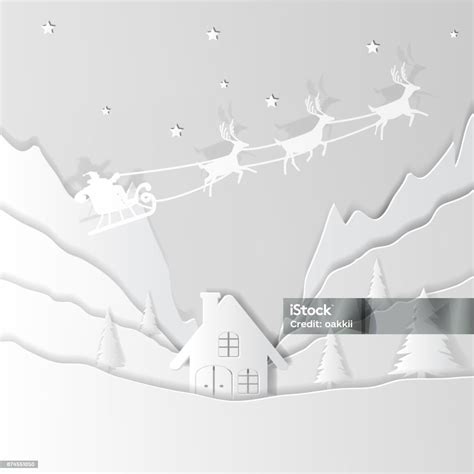 메리 크리스마스 배경입니다 가벼운 종이 잘라내기 및 공예 스타일 산타 클로스 주는 선물 어린이 집에서 후 하늘에 순 록을 타고 크리스마스에 대한 스톡 벡터 아트 및 기타
