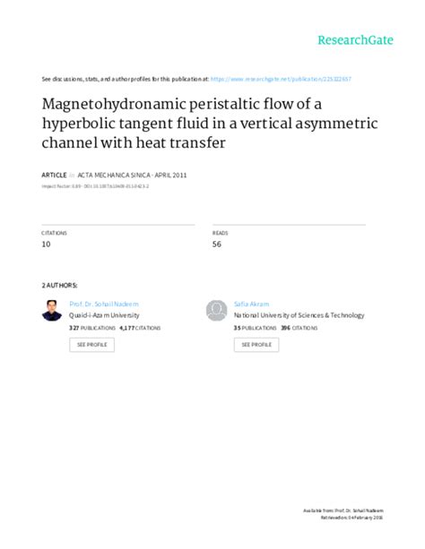 Pdf Magnetohydrodynamic Peristaltic Flow Of A Hyperbolic Tangent