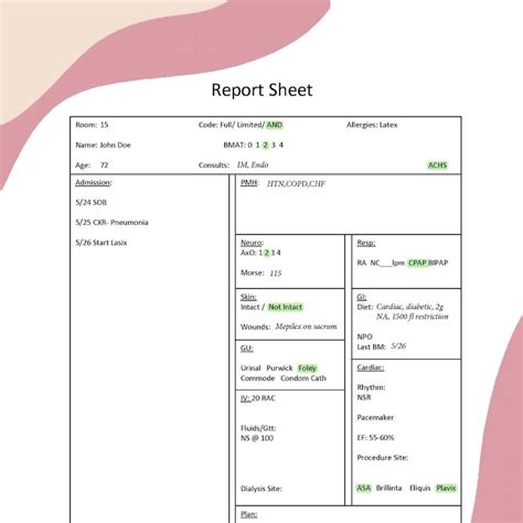 Pcu Nurse Report Sheet Etsy