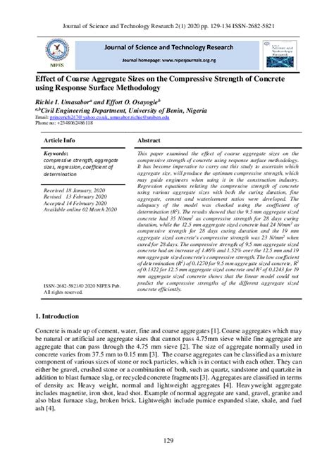 Pdf Effect Of Coarse Aggregate Sizes On The Compressive Strength Of Concrete Using Response