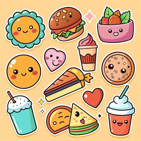 귀여운 만화 음식과 음료 스티커 프리미엄 Ai 생성 벡터