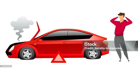 깨진 자동차 플랫 컬러 벡터 얼굴없는 캐릭터에 의해 서있는 사람 자동차 고장 고립 된 만화 일러스트 웹 그래픽 디자인 및