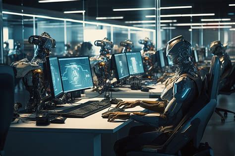 Ai Robots Using Multiple Computers Working Monitoring Data In Office