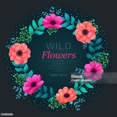 꽃 원형 프레임입니다 열 대 꽃 유행 템플릿입니다 여름 디자인 아름 다운 네온 꽃과 어두운 배경에 복사 공간 나뭇잎 초대장 결혼식 또는 인사장입니다 벡터 일러스트 레이 션