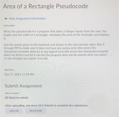 Solved Area Of A Rectangle Pseudocode Hide Assignment