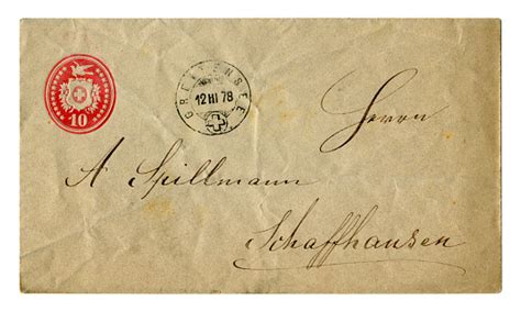 오래 된 구겨진 스위스 봉투 붉은 스탬프와 소인 12 월 1878 검정 잉크 서 예에 필기 텍스트 1870 1879 년에 대한 스톡 사진 및 기타 이미지 Istock