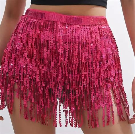 Sequin Hot Pink Tassel Skirt Taylor Swift Eras Hip Scarf Lace Up