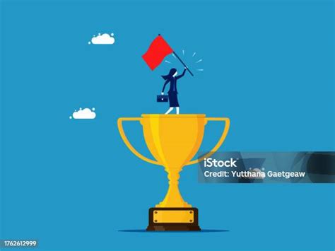 비즈니스 성공에 대한 상 우승한 사업가 트로피에 붉은 깃발 올리다 개념에 대한 스톡 벡터 아트 및 기타 이미지 개념 결심 결정 Istock