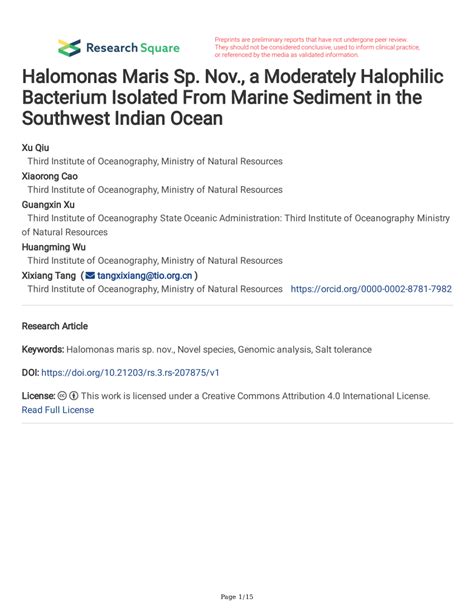 Pdf Halomonas Maris Sp Nov A Moderately Halophilic Bacterium Isolated From Marine Sediment